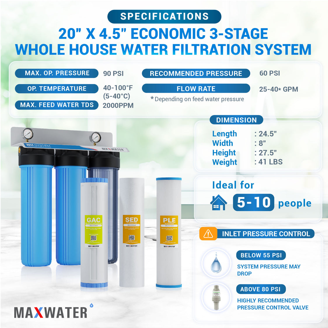 Whole House Water Purification System 20" x 4.5" - Blue Max Water